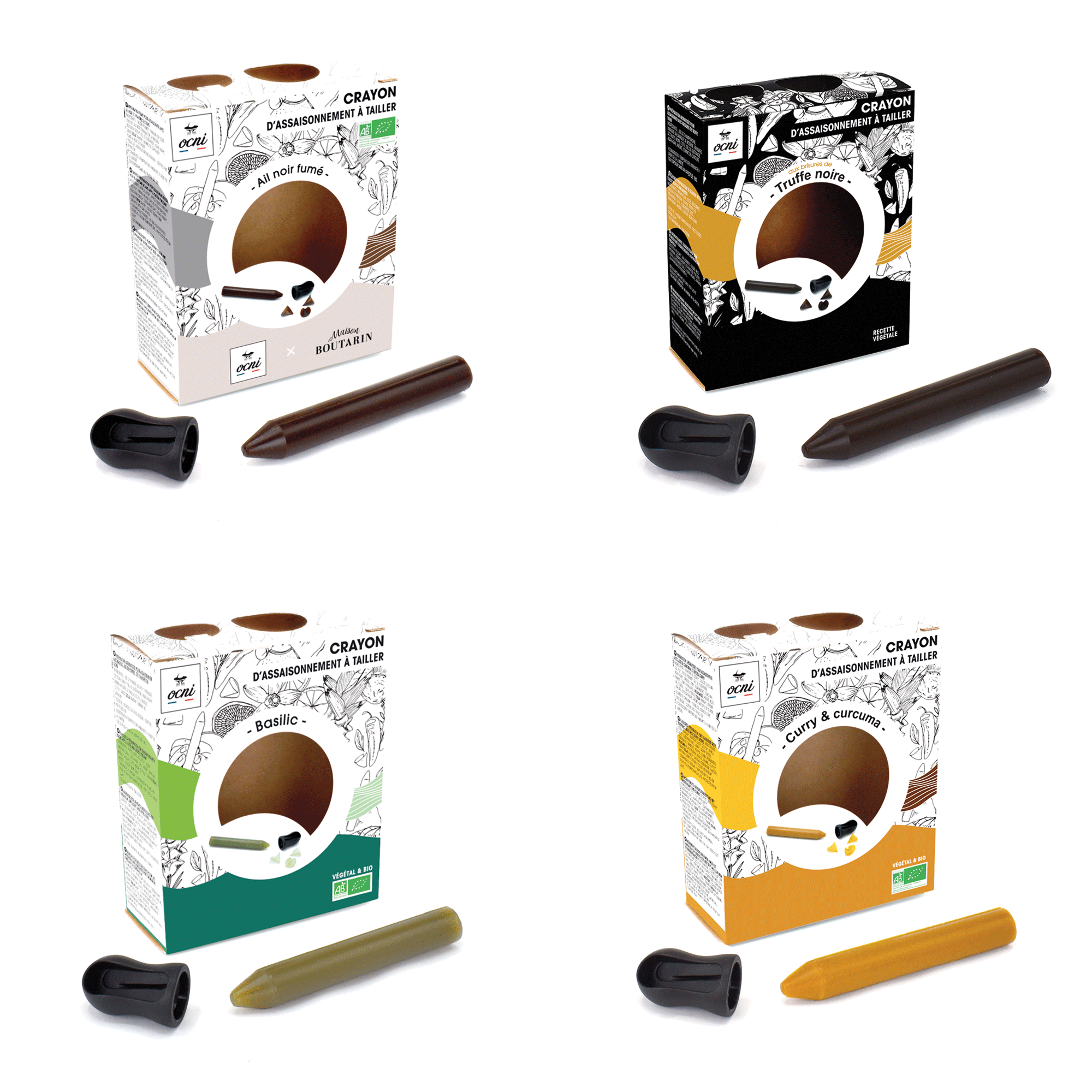 Crayons d'assaisonnement: Ail noir fumé, Basilic, Truffe noire, Curry